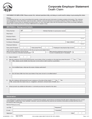 Fillable Online AIA Death Employer Claim Form Fax Email Print - pdfFiller