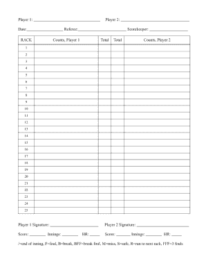 Fillable Online Player 1 Player 2 Date Referee Scorekeeper RACK Fax ...