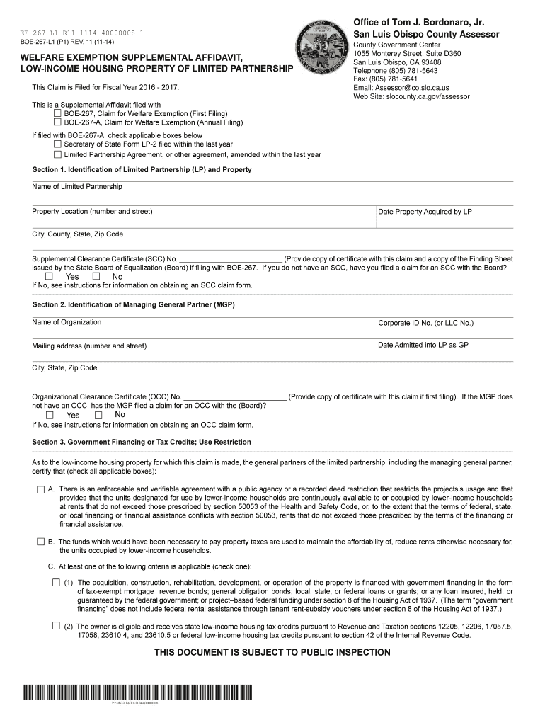 Fillable Online slocounty ca BOE267, Claim for Welfare Exemption (First ...