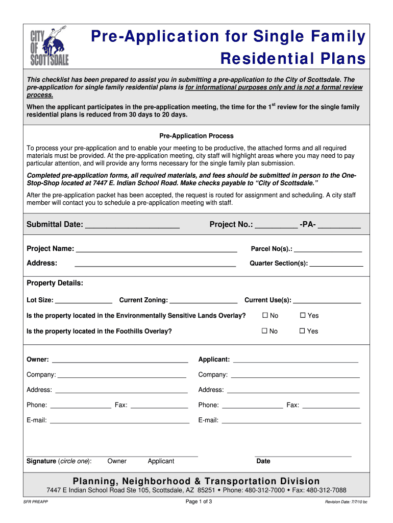 Fillable Online scottsdaleaz Pre-Application for Single Family Residential Plans - City of ...