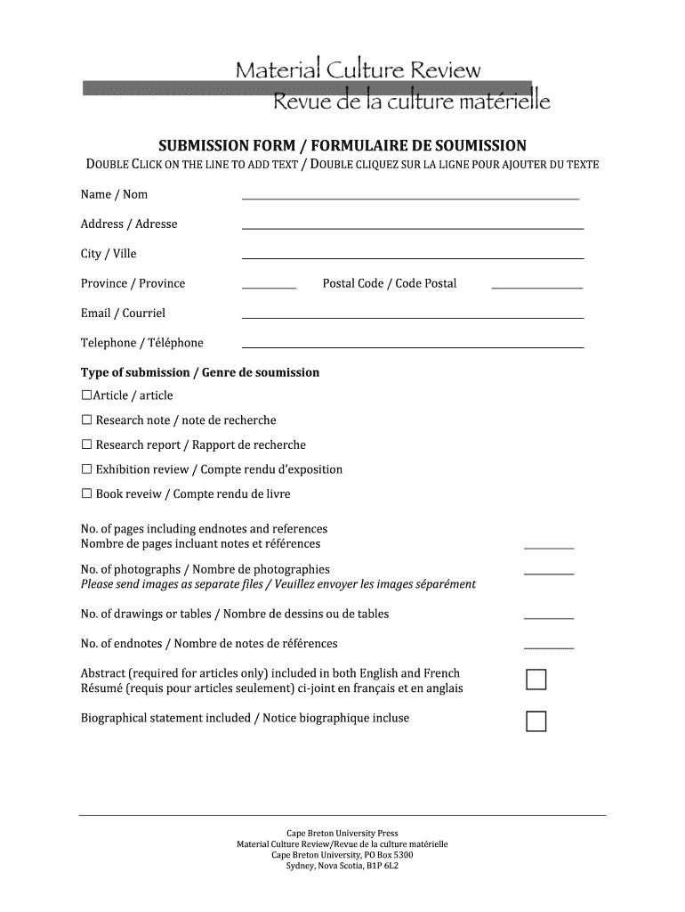 Fillable Online culture cbu SUBMISSION FORM FORMULAIRE DE SOUMISSION D ...