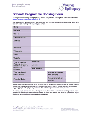 Fillable Online Schools Programme Booking Form - Young Epilepsy Fax ...