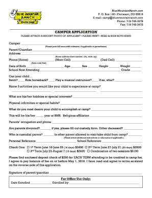 Fillable Online CAMPER APPLICATION - Blue Mountain Ranch Fax Email Print - pdfFiller