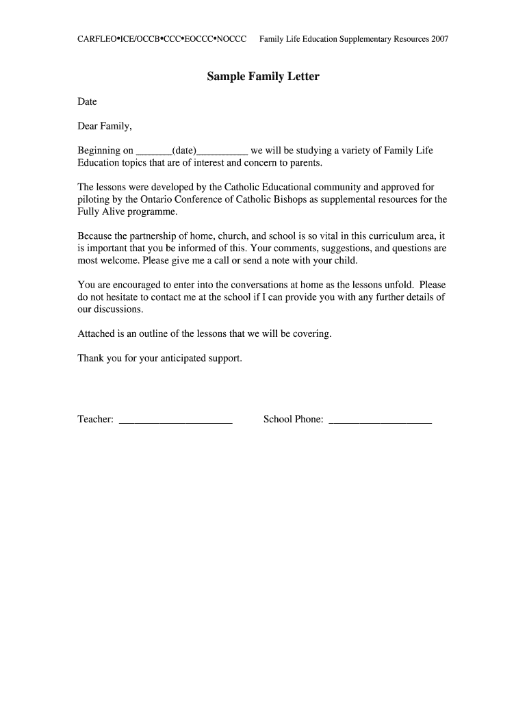 Fillable Online carfleo Sample Family Letter - CARFLEO.com Fax Email ...