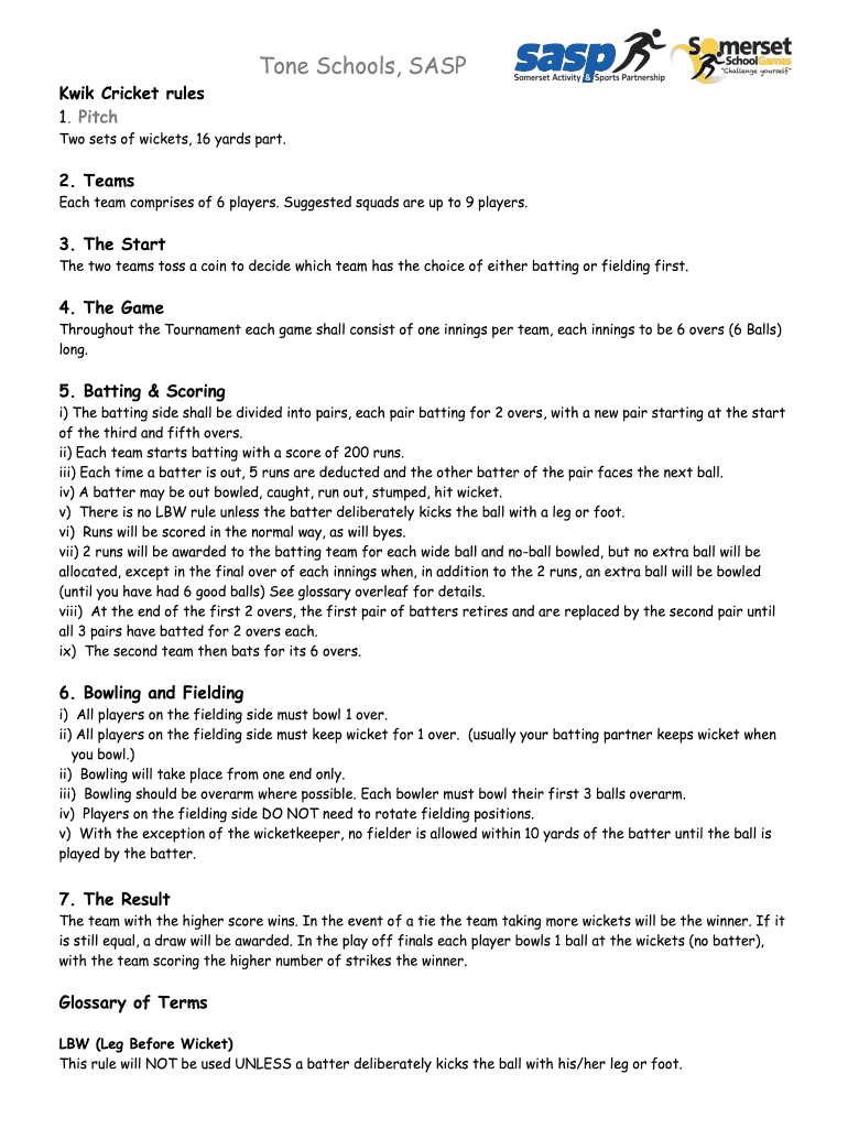 Fillable Online Kwik Cricket rules Fax Email Print - pdfFiller