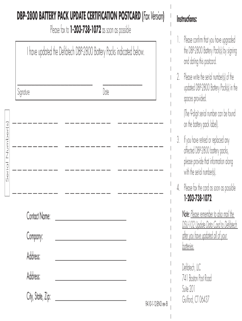 Fillable Online DBP-2800 BATTERY PACK UPDATE CERTIFICATION POSTCARD Fax ...