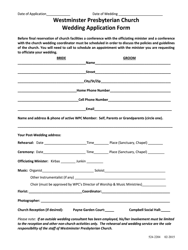 Fillable Online WESTMINSTER PRESBYTERIAN CHURCH WEDDING APPLICATION Fax ...