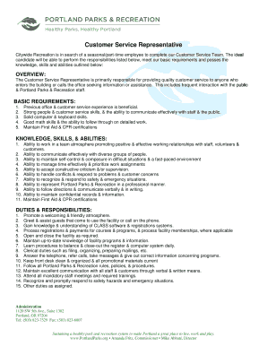 Fillable Online pdxparks Customer Service Representative - Parks ...