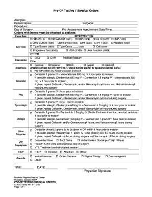Fillable Online southernregional Pre-OP Testing Surgical Orders ...
