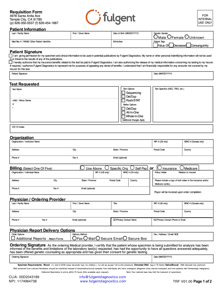 Fillable Online Test Requisition bFormb - Fulgent Diagnostics Fax Email ...