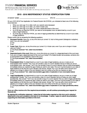 Fillable Online web-prod spu 2015 2016 INDEPENDENCY STATUS VERIFICATION ...