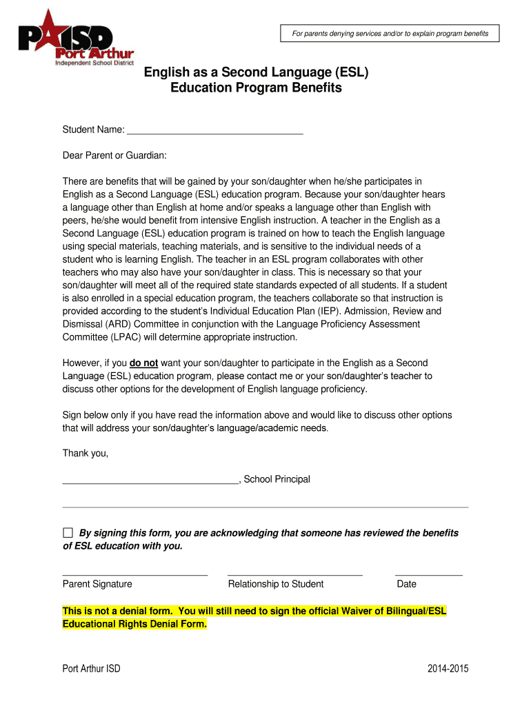 Fillable Online English as a Second Language ESL Education Program ...