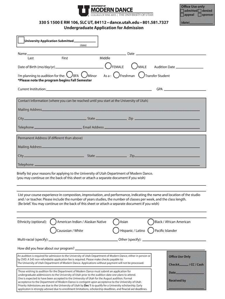 Fillable Online dance utah Download the Modern Dance Application ...