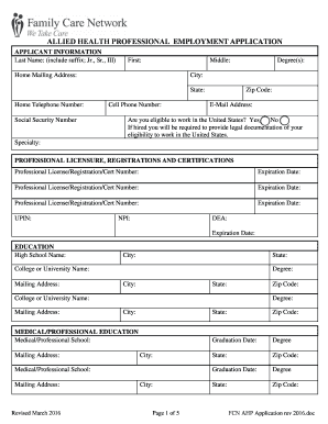 Fillable Online ALLIED HEALTH PROFESSIONAL EMPLOYMENT APPLICATION Fax ...