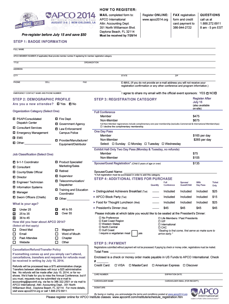 Fillable Online apco2014 APCO2014 Registration Form Fax Email Print ...