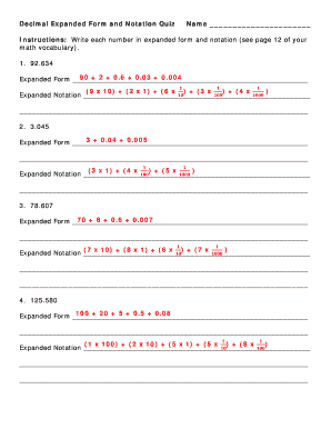 Fillable Online ednaisd Decimal Expanded Form and Notation Quiz - KEY ...