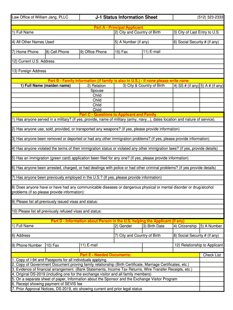 Fillable Online Law Office of William Jang PLLC J-1 Status Information ...