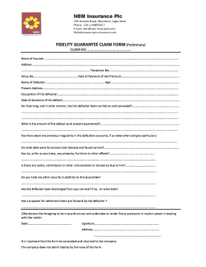 Fillable Online BNEMb bInsuranceb Plc FIDELITY GUARANTEE CLAIM FORM Preliminary Fax Email Print ...