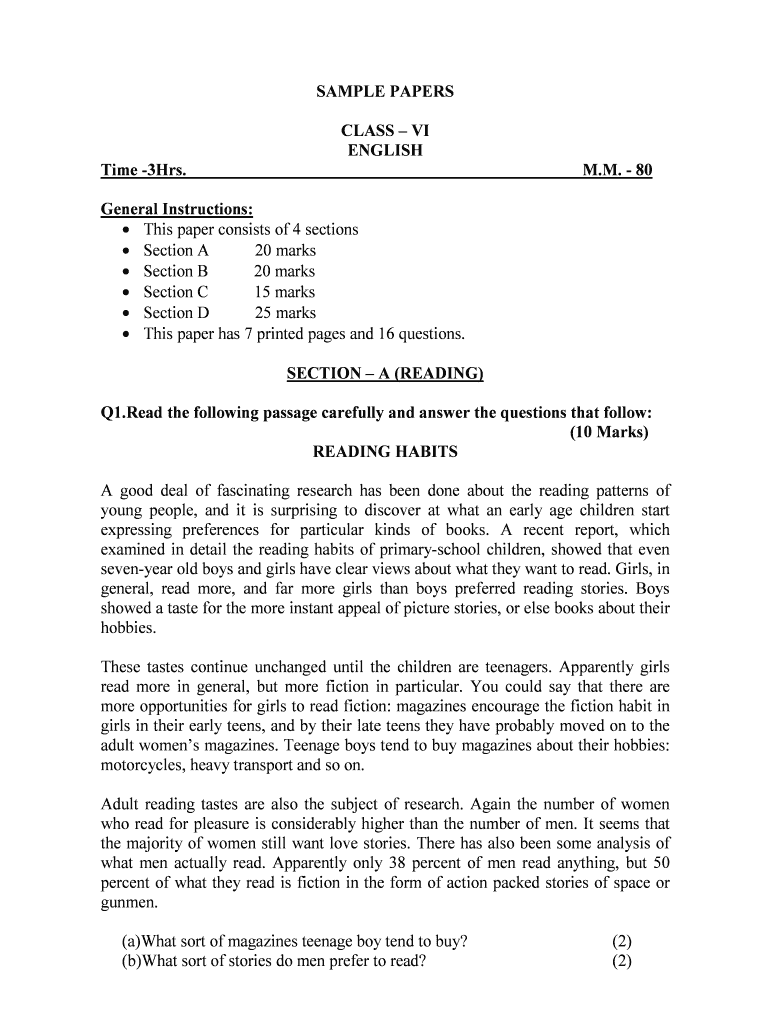 Fillable Online davdayanandvihar SAMPLE PAPERS CLASS VI ENGLISH Time ...