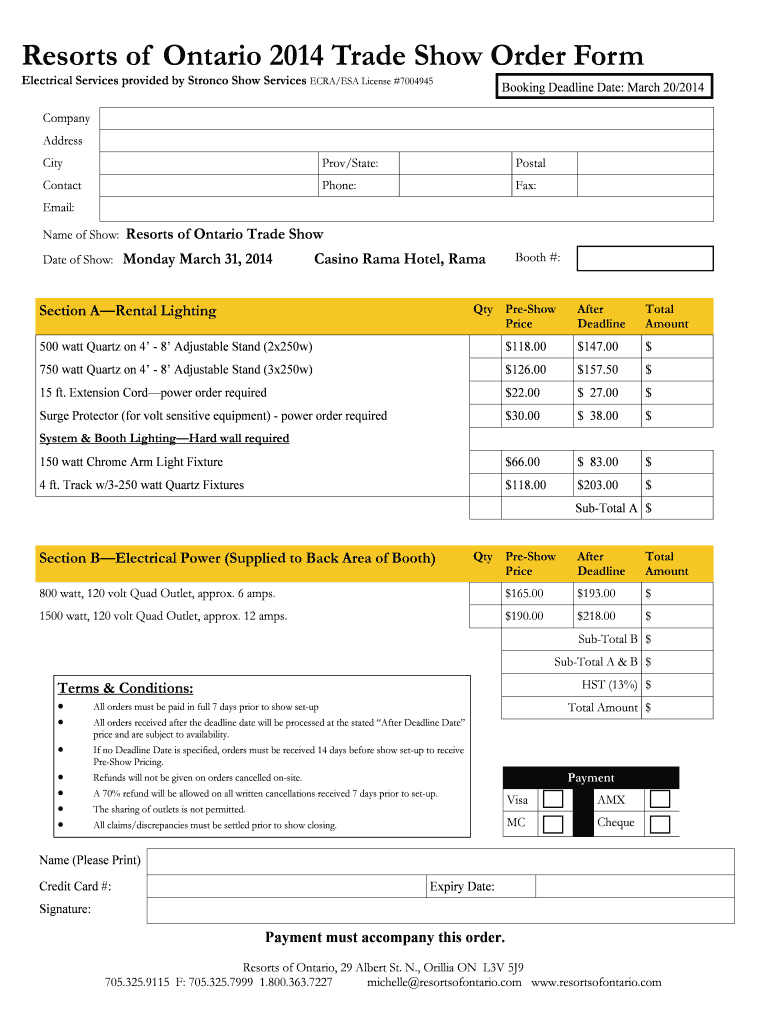 Fillable Online Resorts of Ontario 2014 Trade Show Order Form Fax Email ...