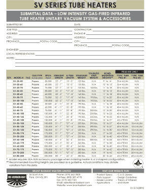 Fillable Online SV SERIES TUBE HEATERS SUBMITTAL DATA LOW INTENSITY ...