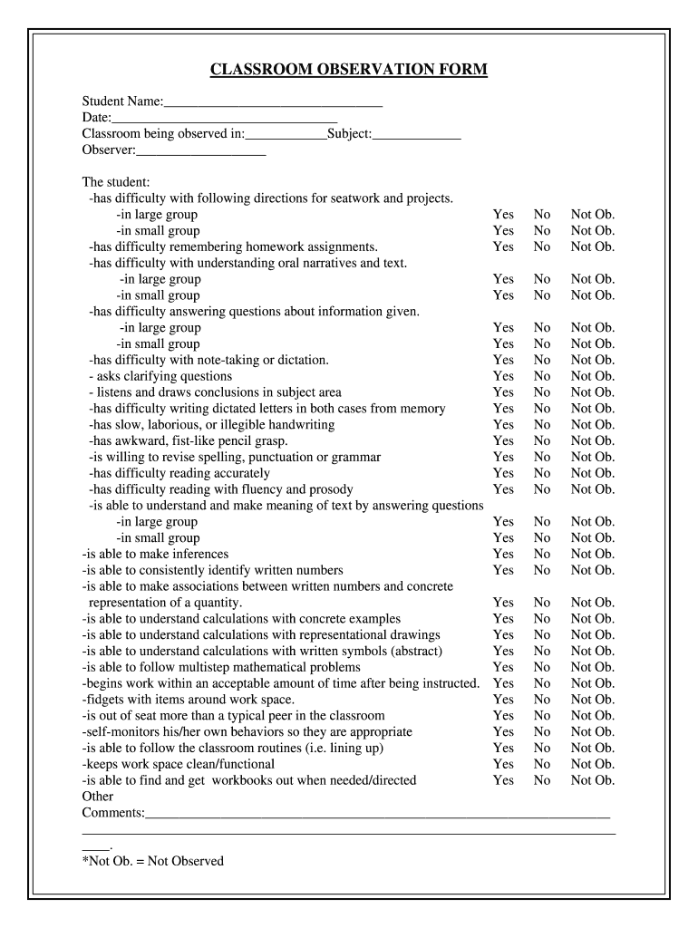 Fillable Online neboces CLASSROOM OBSERVATION FORM - Northeast Colorado ...
