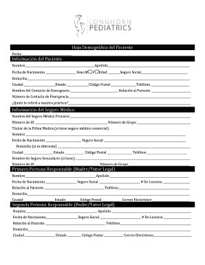 Fillable Online Hoja Demogrfica del Paciente Informacin del Paciente ...