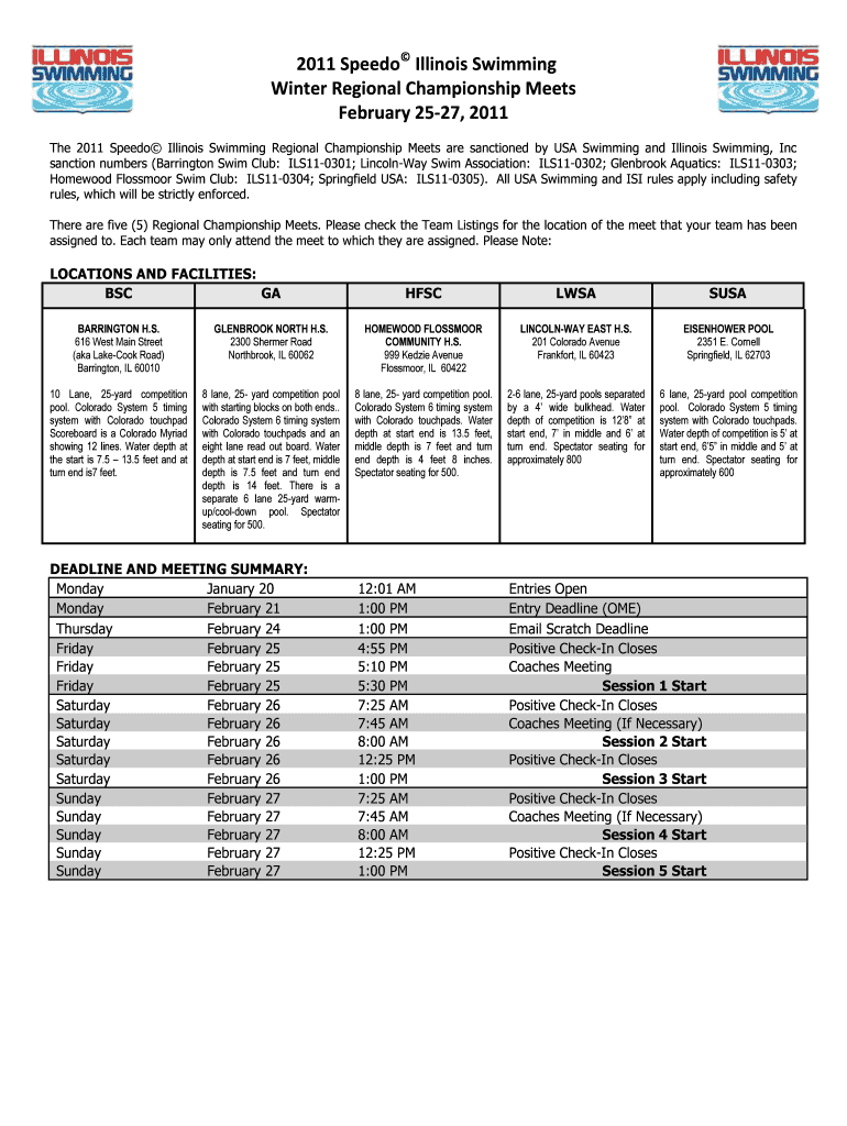 Fillable Online The 2011 Speedo Illinois Swimming Regional Championship ...