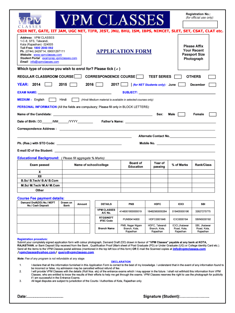 Fillable Online Application Form VPM CLASSES Fax Email Print - pdfFiller