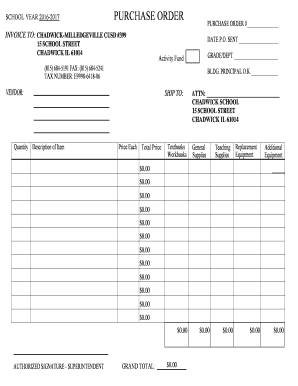 Fillable Online The Chadwick 2016-17 Purchase Order Form - DIST 399 Fax ...