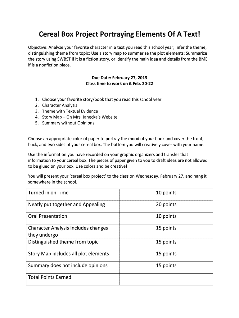 Fillable Online Cereal Box Project Portraying Elements Of A Text Fax ...