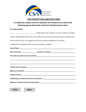 Fillable Online ourcsa LOST RECEIPT DECLARATION FORM - Our CSA Fax ...