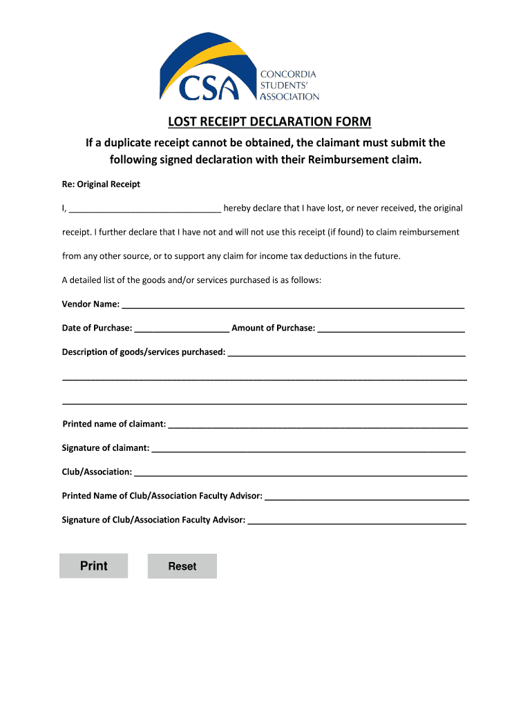 Fillable Online ourcsa LOST RECEIPT DECLARATION FORM - Our CSA Fax ...