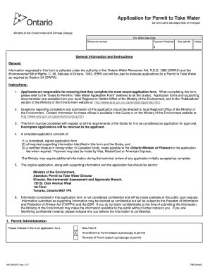 Fillable Online Permit to take water pursuant to the Ontario Water ...