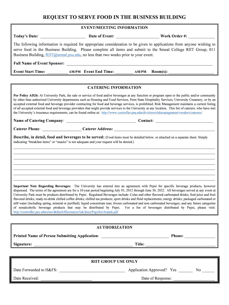 Fillable Online ugstudents smeal psu Food Waiver Form Fax Email Print ...