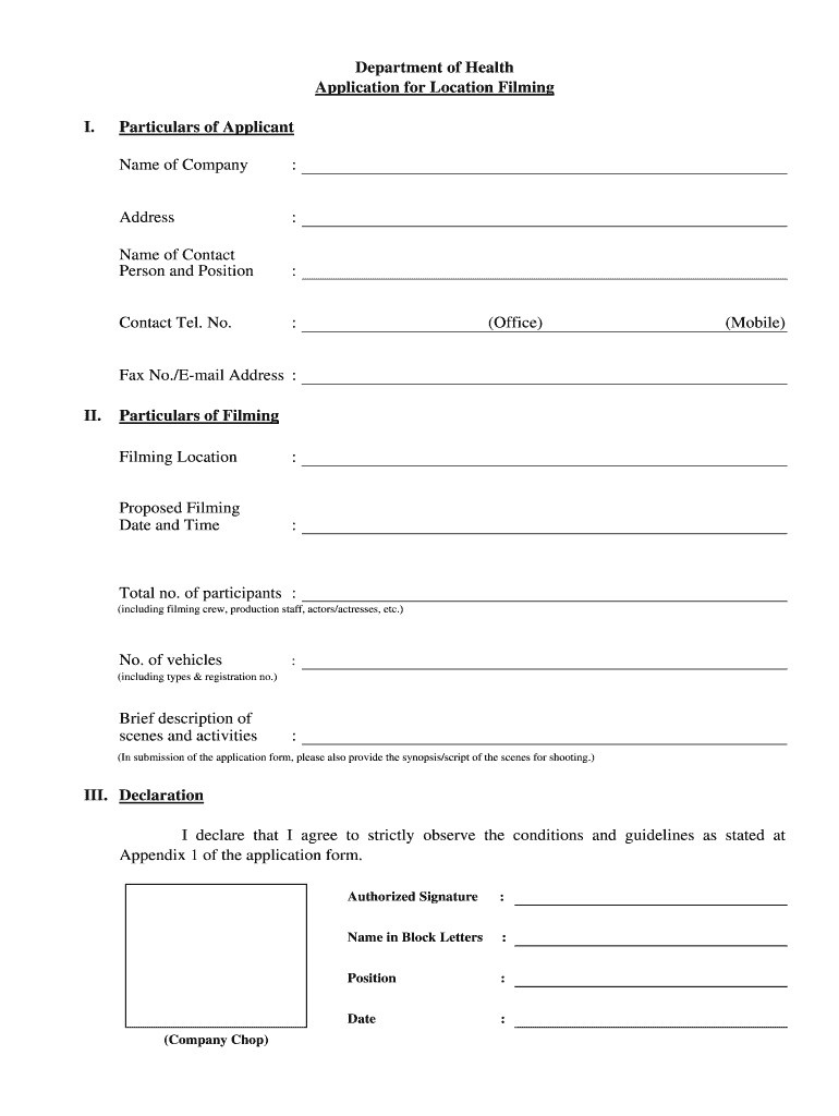 Fillable Online Department of Health Application for Location Filming I ...