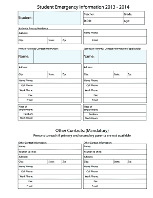 Fillable Online Student Emergency Information 2013 - 2014 Fax Email ...