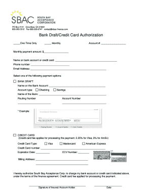 Fillable Online Bank Draft/Credit Card Authorization Form Fax Email ...
