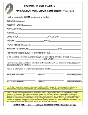 Fillable Online APPLICATION FOR JUNIOR MEMBERSHIP Yellow Form Fax Email ...