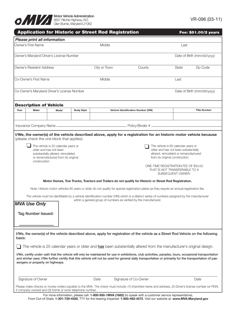 Fillable Online VR-096 Street Rod & Historic Vehicle Registration Form ...