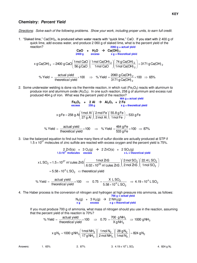 Fillable Online Chemistry Percent Yield - bteachnlearnchembbcomb Fax ...