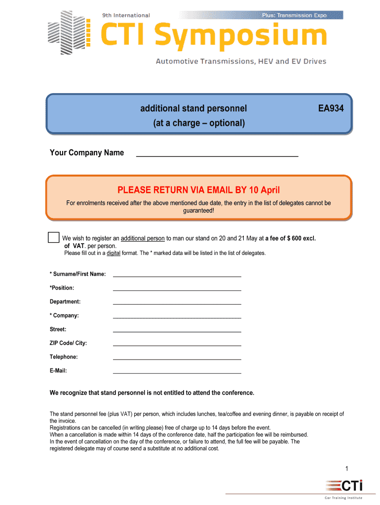 Fillable Online Additional stand personnel EA934 (at a charge optional ...