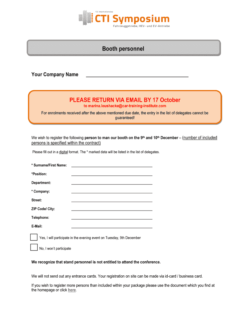 Fillable Online Booth personnel PLEASE RETURN VIA EMAIL BY 17 October ...
