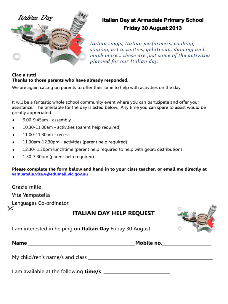 Fillable Online armadaleps vic edu Italian Day Italian Day at Armadale ...