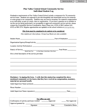 Fillable Online Pine Valley Central School Community Service Log ...