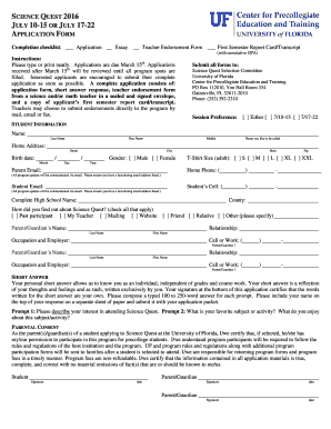 Fillable Online SCIENCE QUEST 2016 J 10-15 J 17-22 APPLICATION FORM Fax ...