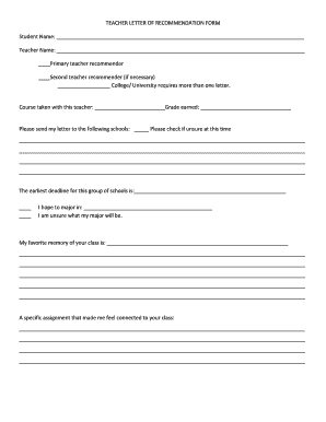 Fillable Online TEACHER LETTER OF RECOMMENDATION FORM Fax Email Print - pdfFiller