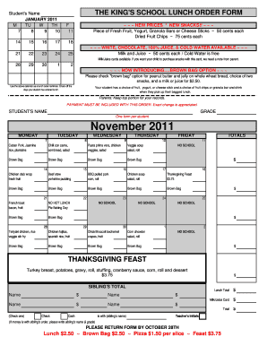 Fillable Online kingsschool THE KINGS SCHOOL LUNCH ORDER FORM Fax Email ...