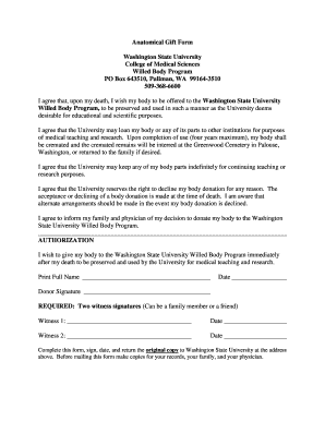 Fillable Online medicine wsu Anatomical Gift Form Washington State ...