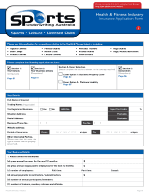 Fillable Online Health amp Fitness Industry Insurance Application Form ...